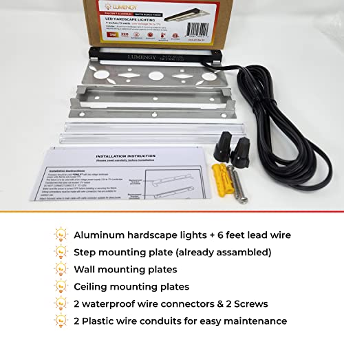 LUMENGY 7-inch 3w Super Slim LED Hardscape Light, Aluminum Black, 3 Mounting Plates for Walls, Decks, Planters, Paver Step & Ceiling, No Visiable Screws, Easy Installation Design, 50K Hours (6-Pack)