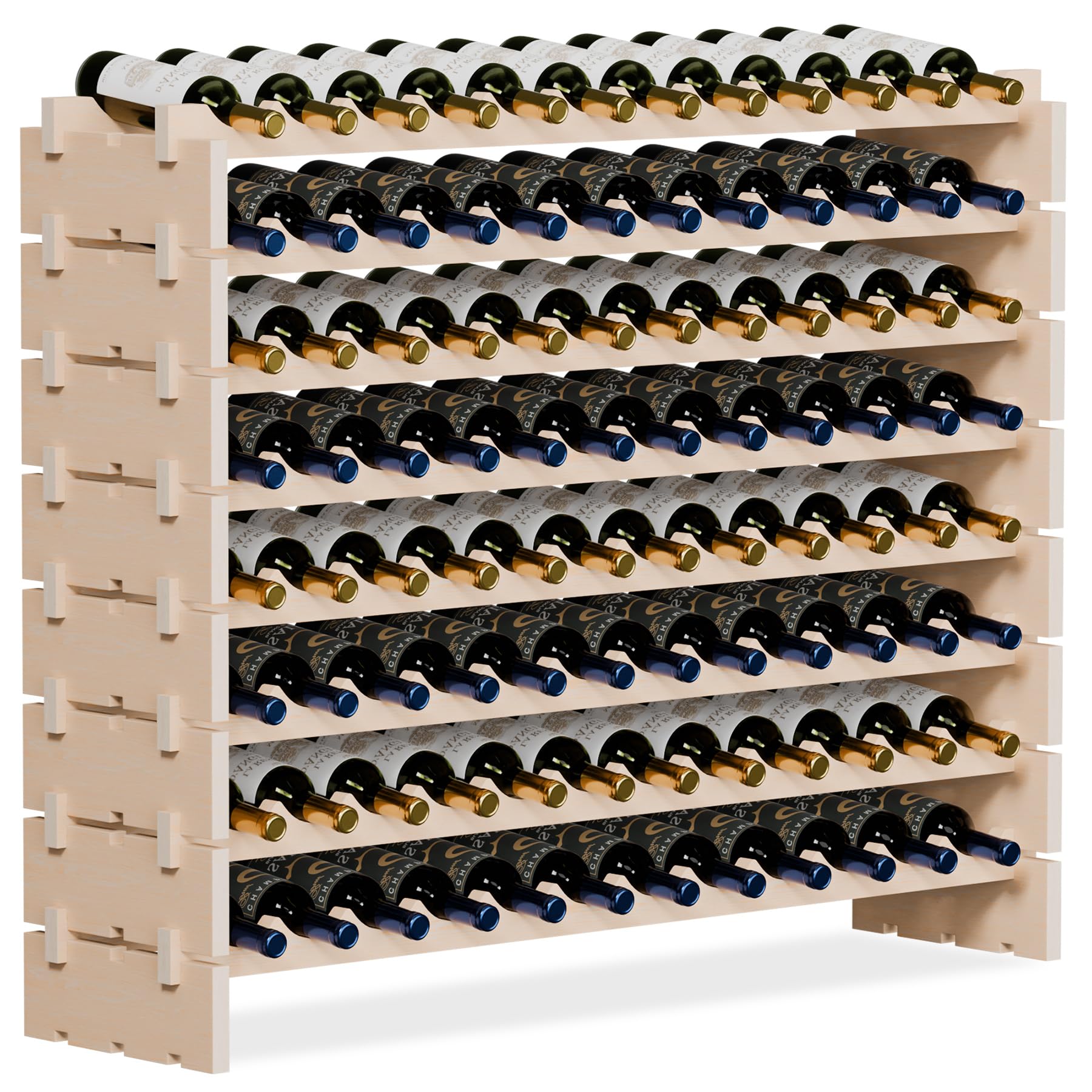 Smartxchoices Stackable Modular Wine Rack 96 Bottle Wooden Wine Storage Rack Freestanding Wine Holder Display Shelves, Wobble-Free, Solid Wood, (Eight-Tier, 96 Bottle Capacity)
