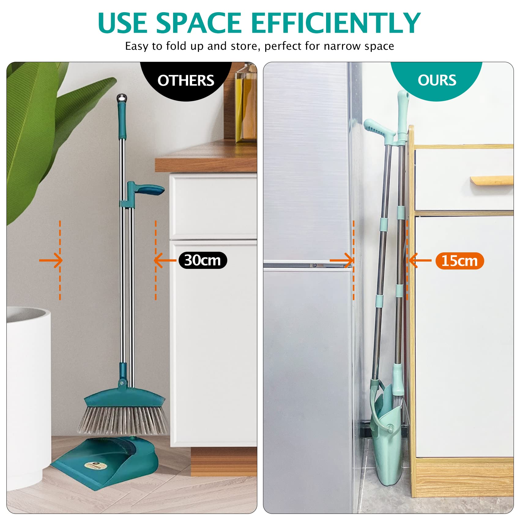 XXFLOWER Broom and Dustpan Set for Home, Broom and Dustpan Set with Long Handle 55", Broom with Dustpan Combo Set, Standing Broom and Dust Pan Set for Kitchen Office Lobby Floor, Bluish Green