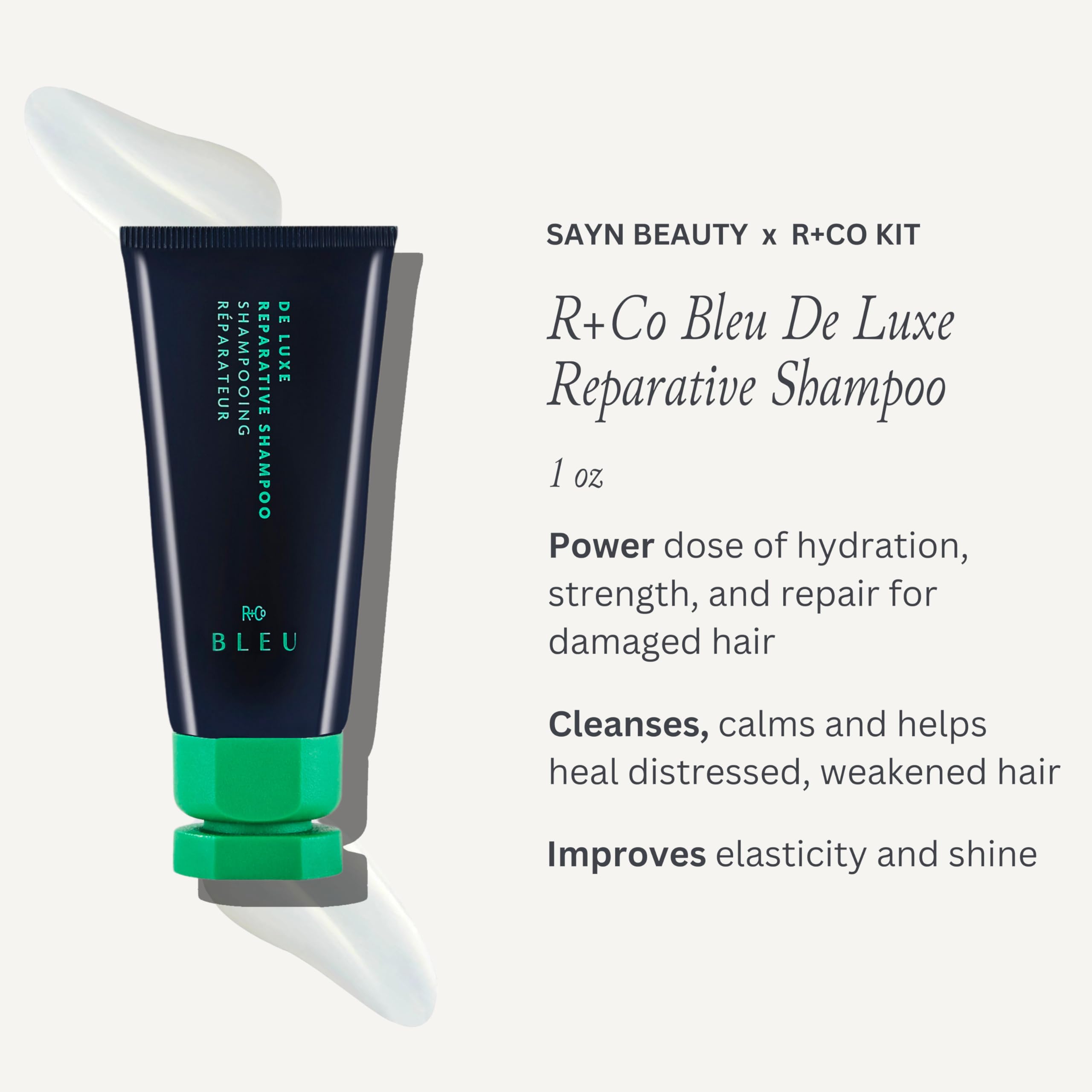 R+Co Travel Essentials | Bleu De Luxe Reparative Shampoo and Conditioner Set (1.2 Oz) + High Dive Moisture Cream (.5 Oz) + Death Valley Dry Shampoo (1 Oz) | Sayn Beauty