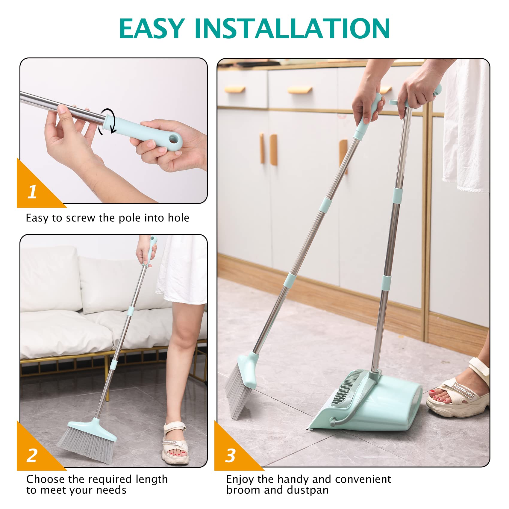 XXFLOWER Broom and Dustpan Set for Home, Broom and Dustpan Set with Long Handle 55", Broom with Dustpan Combo Set, Standing Broom and Dust Pan Set for Kitchen Office Lobby Floor, Bluish Green