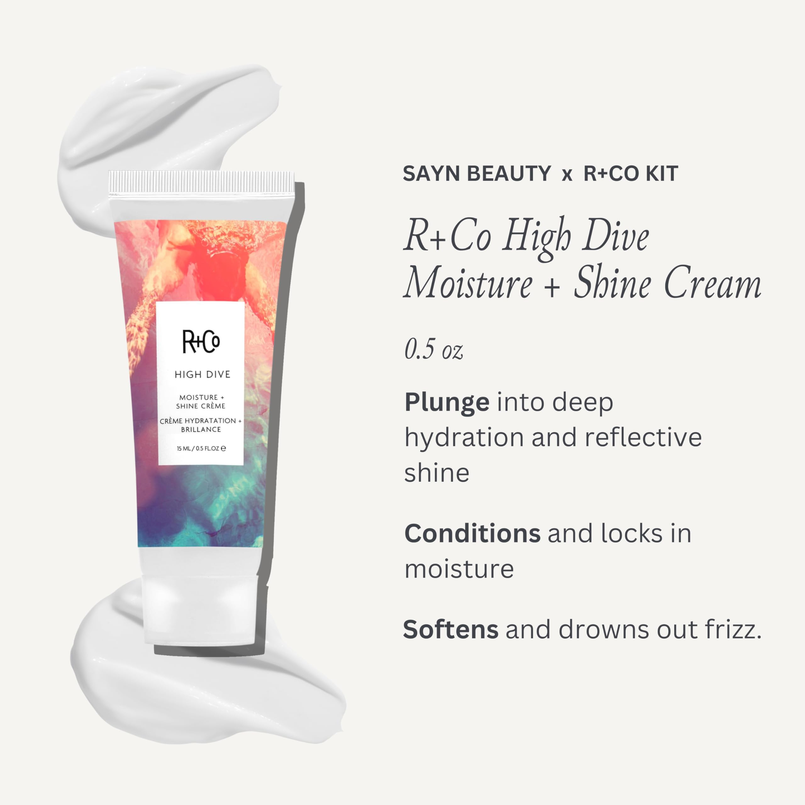 R+Co Travel Essentials | Bleu De Luxe Reparative Shampoo and Conditioner Set (1.2 Oz) + High Dive Moisture Cream (.5 Oz) + Death Valley Dry Shampoo (1 Oz) | Sayn Beauty