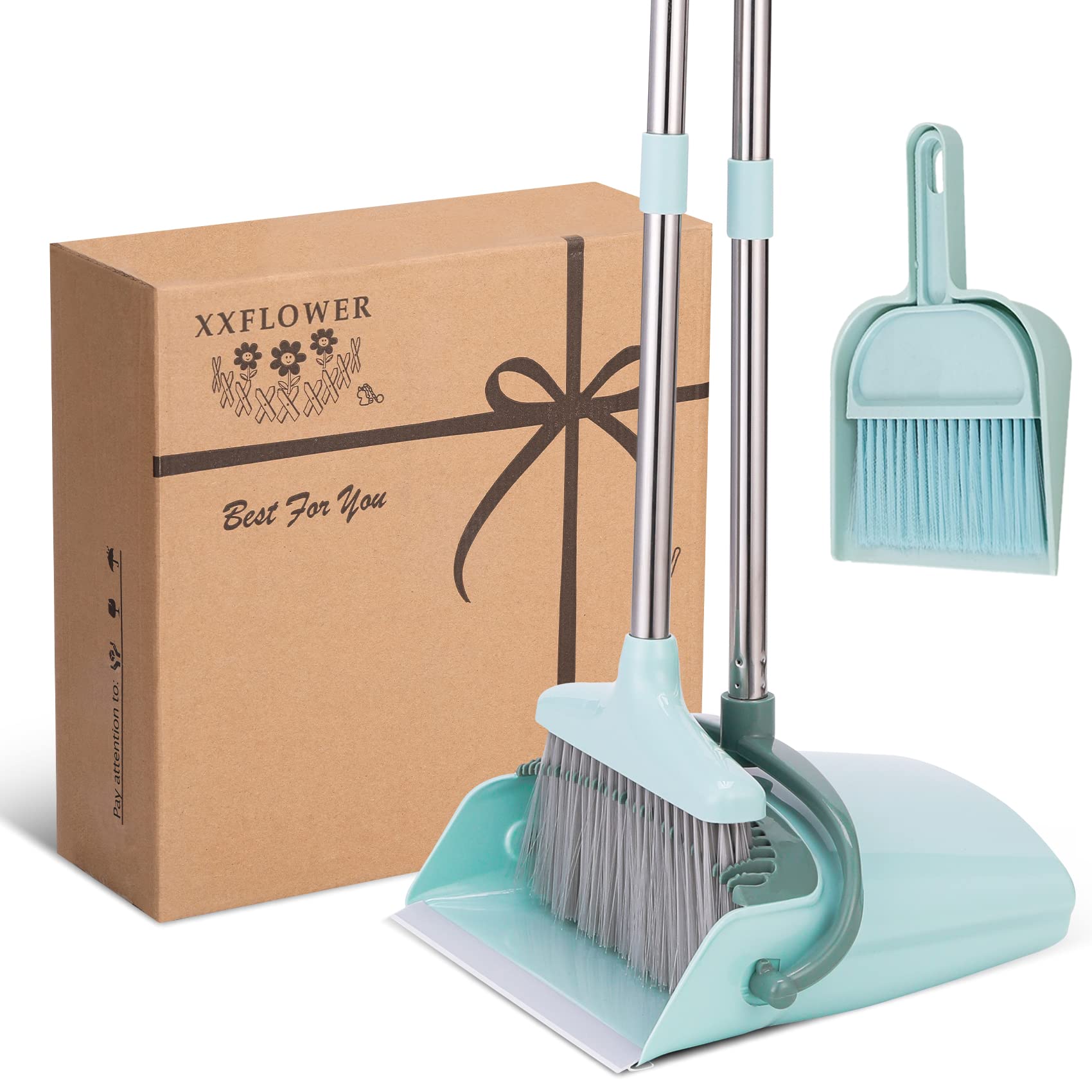 XXFLOWER Broom and Dustpan Set for Home, Broom and Dustpan Set with Long Handle 55", Broom with Dustpan Combo Set, Standing Broom and Dust Pan Set for Kitchen Office Lobby Floor, Bluish Green