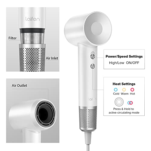 Laifen Hair Dryer, Negative Ionic Blow Dryer with High-Speed Brushless Motor for Fast Drying, Low Noise Thermo-Control Hairdryer with Magnetic Nozzle, Styling Concentrator & Diffuser (White)