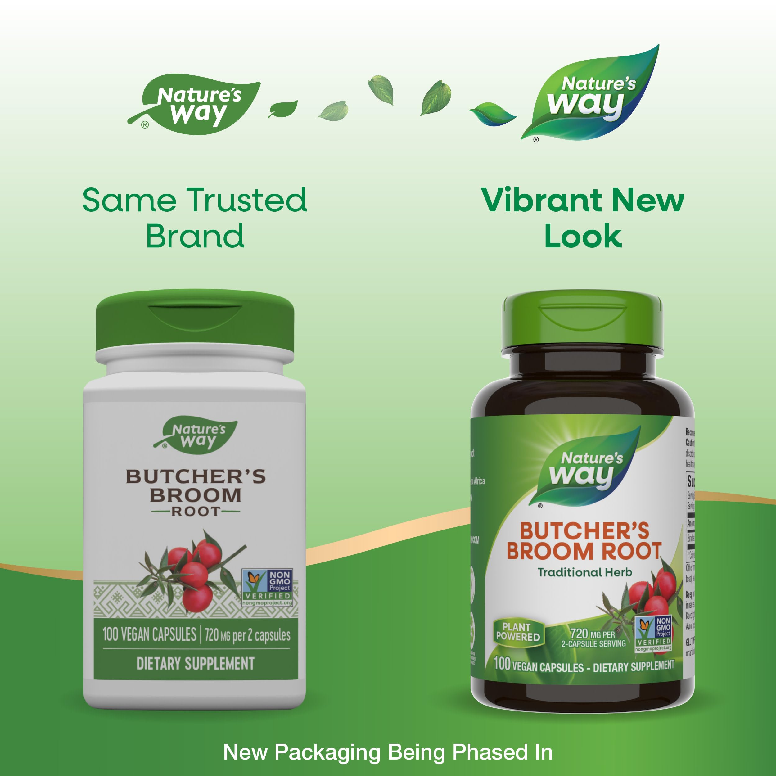 Nature's Way Butcher’s Broom, Traditional Herb, 720 mg per 2-Capsule Serving, Non-GMO Project Verified, 100 Vegan Capsules (Packaging May Vary)