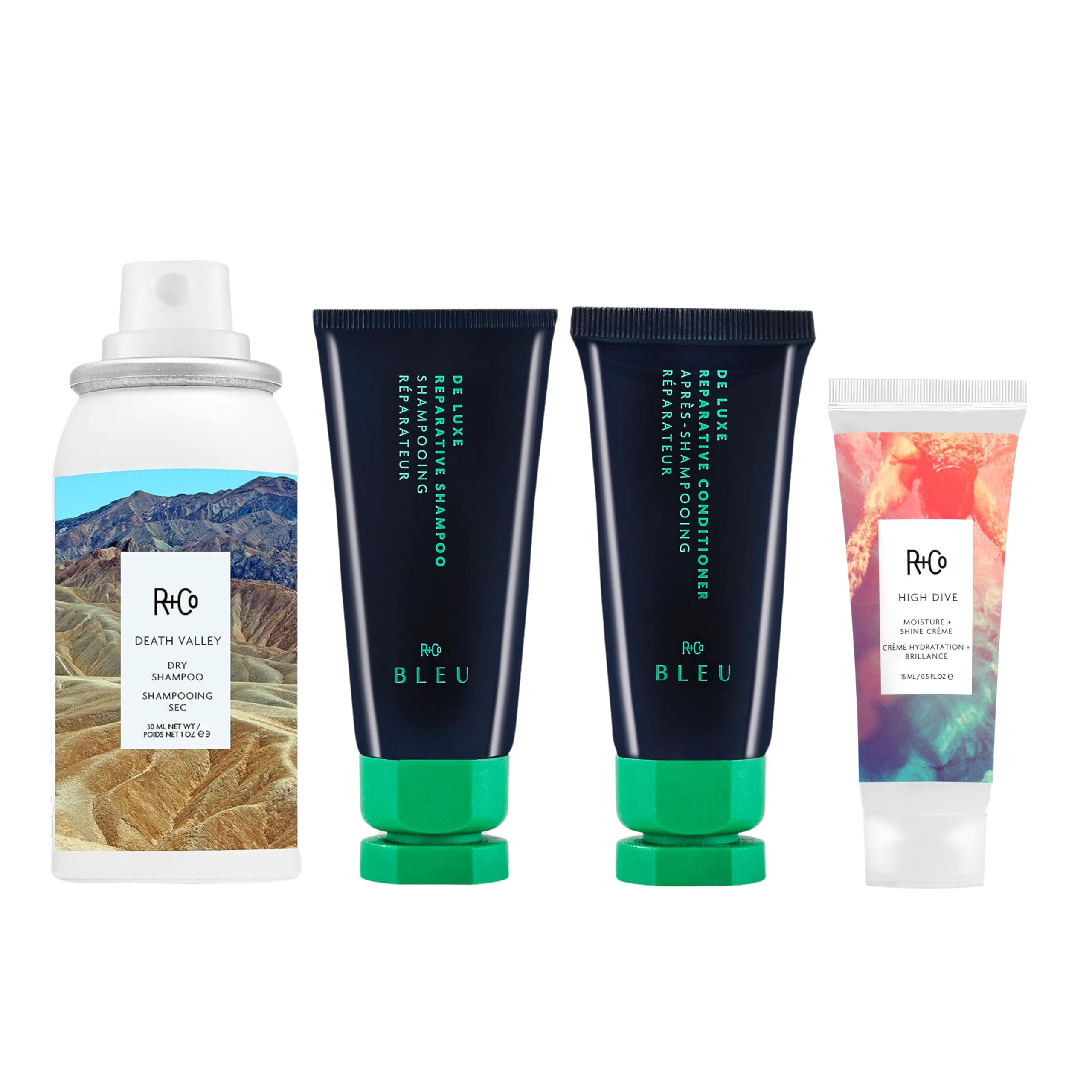 R+Co Travel Essentials | Bleu De Luxe Reparative Shampoo and Conditioner Set (1.2 Oz) + High Dive Moisture Cream (.5 Oz) + Death Valley Dry Shampoo (1 Oz) | Sayn Beauty
