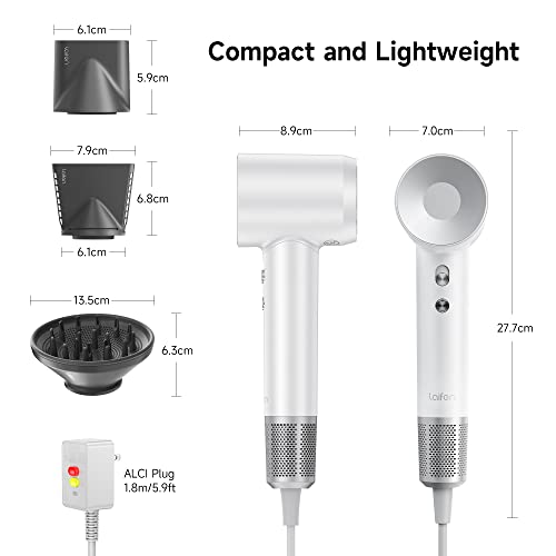 Laifen Hair Dryer, Negative Ionic Blow Dryer with High-Speed Brushless Motor for Fast Drying, Low Noise Thermo-Control Hairdryer with Magnetic Nozzle, Styling Concentrator & Diffuser (White)