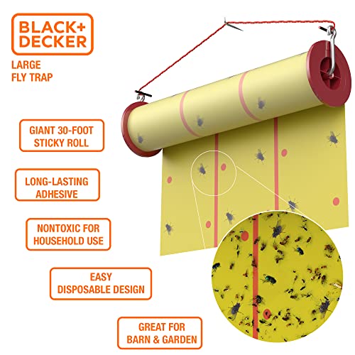BLACK+DECKER Fly Traps Outdoor & Fruit Fly Traps for Indoors- Hanging Fly Trap Paper Roll- Sticky Glue Paper for Flies, Gnats, Mosquitoes & Other Insects, 30 Foot Roll
