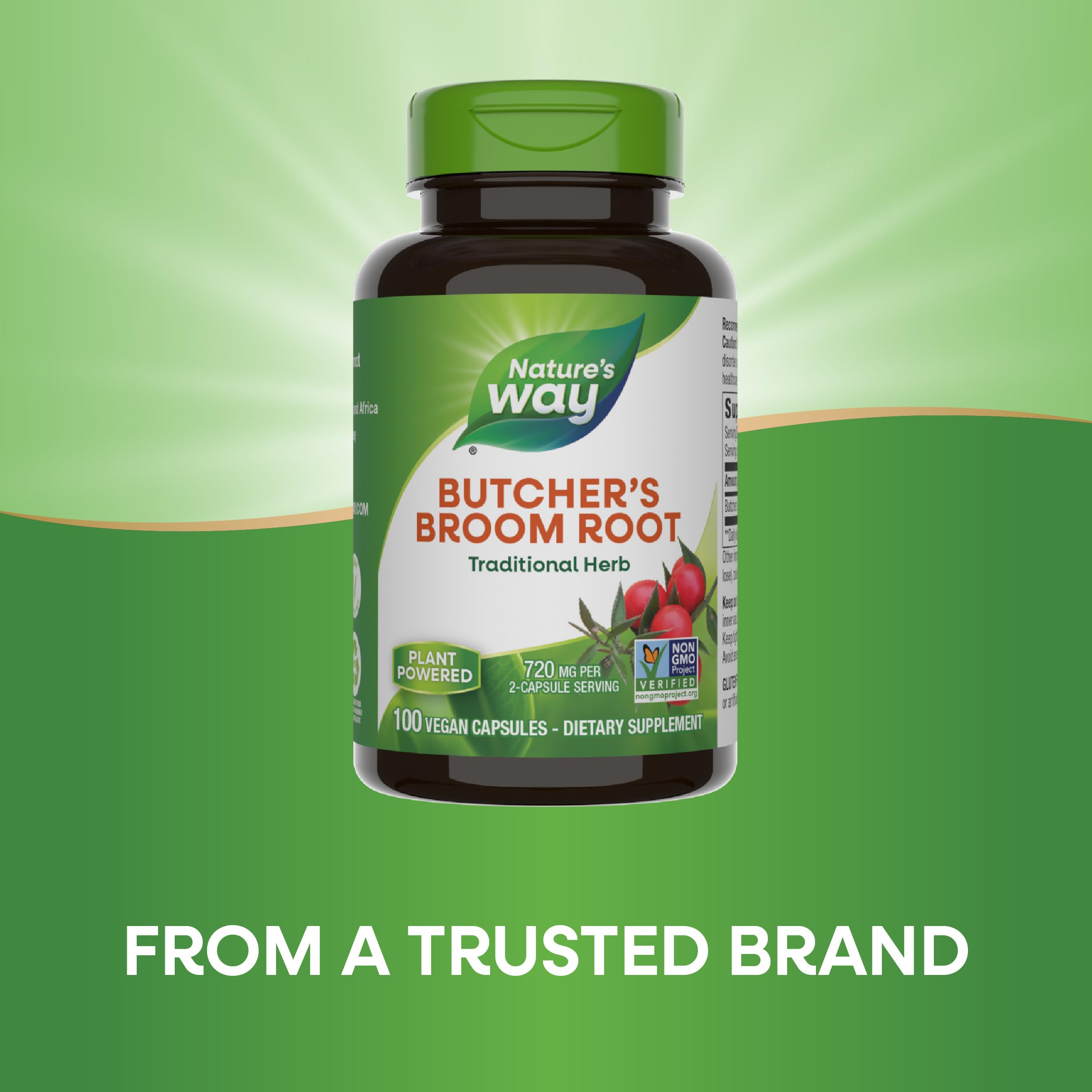 Nature's Way Butcher’s Broom, Traditional Herb, 720 mg per 2-Capsule Serving, Non-GMO Project Verified, 100 Vegan Capsules (Packaging May Vary)