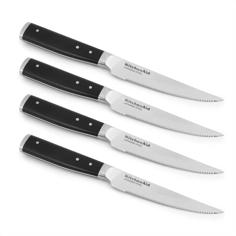 KitchenAid Gourmet 4 Piece Forged Triple Rivet Steak Knife Set, High Carbon Japanese Steel, Sharp Kitchen Knife Set, 4.5 inch, Black