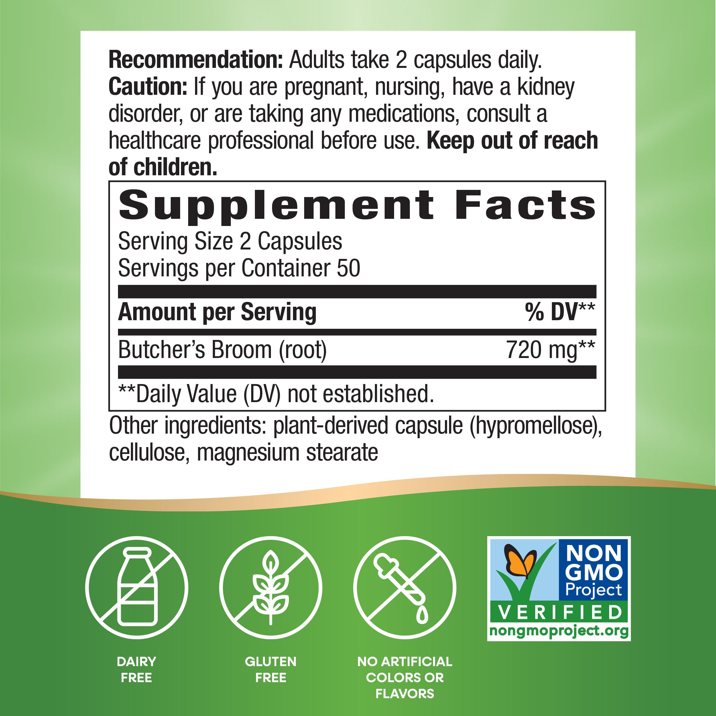 Nature's Way Butcher’s Broom, Traditional Herb, 720 mg per 2-Capsule Serving, Non-GMO Project Verified, 100 Vegan Capsules (Packaging May Vary)