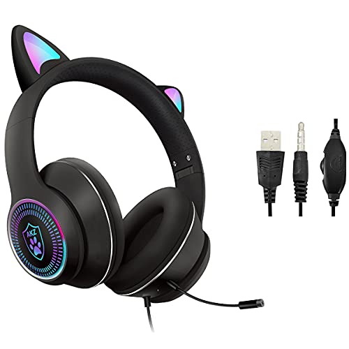 Zuri Sana Cat Ear Gaming Headphones Wired AUX 3.5mm with LED Light, Foldable Stereo Game Music Sound Over-Ear Headsets with Microphone Kids Adult Gift for PC, PS4, Switch, Cellphone, Pad, Laptop