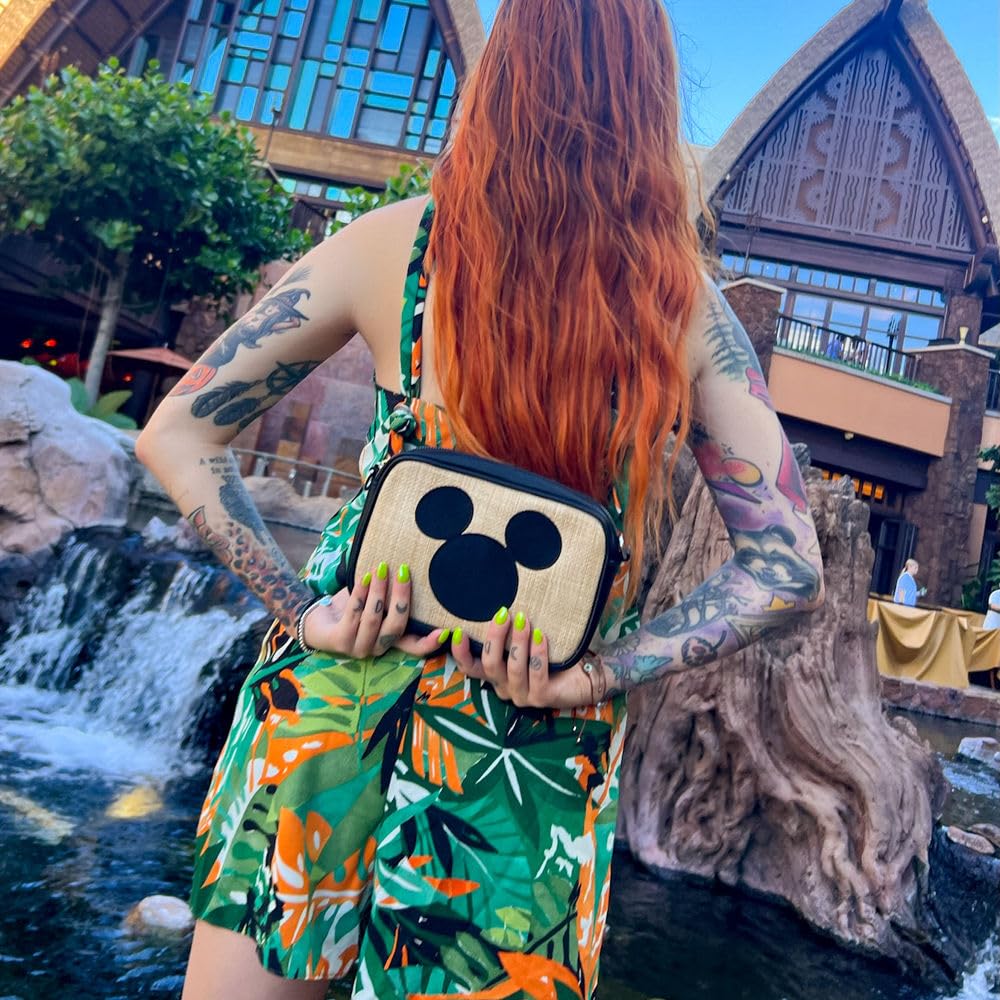 Disney Bag, Horizontal Crossbody, Mickey Mouse Embroidered Ears Signature, Raffia Straw