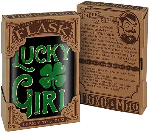 Lucky Girl 8 Oz Stainless Steel Hip Flask for Liquor - Comes in a Gift Box - Leakproof Design - Easy to Clean - 3.75β X 5.75β - By Trixie & Milo