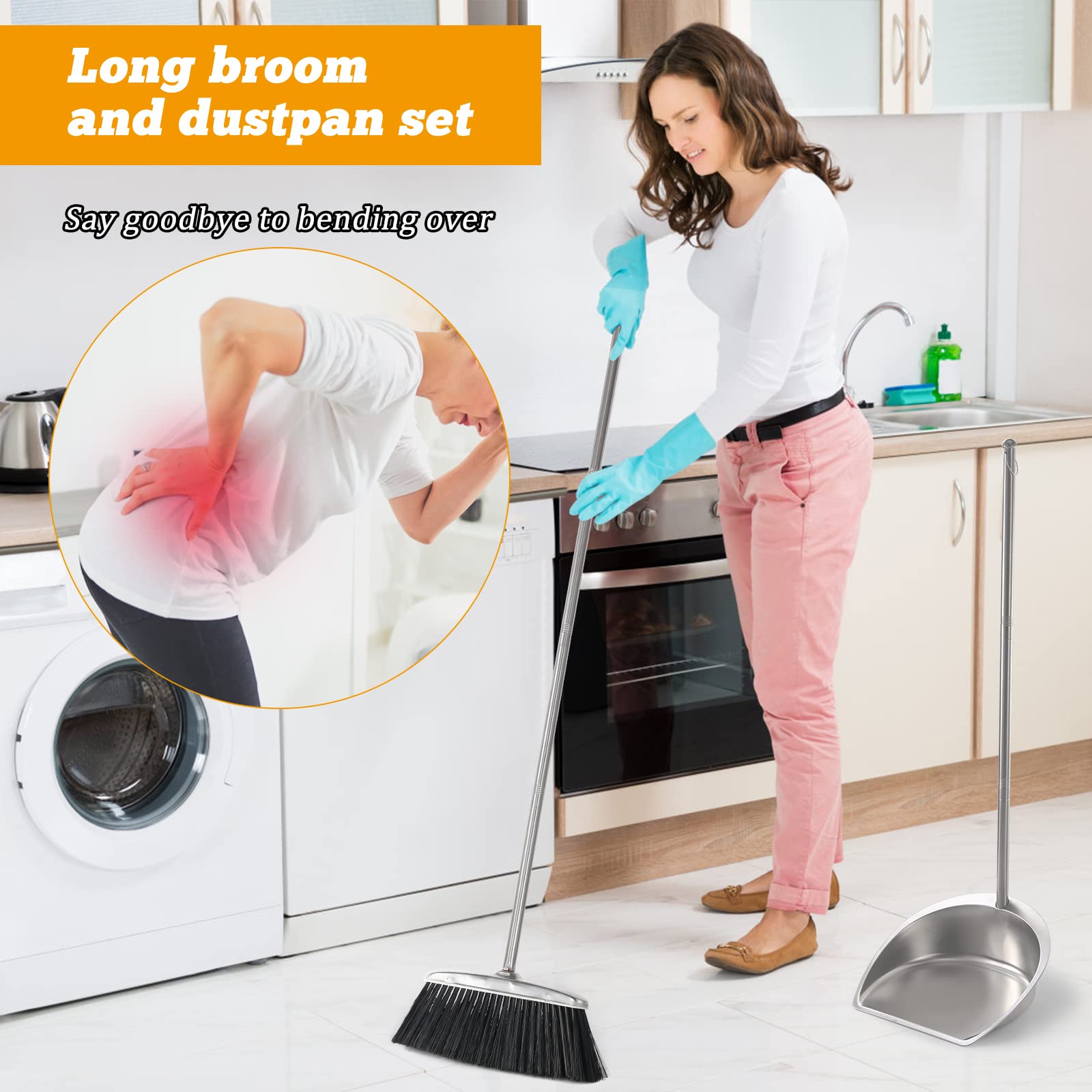Broom and Dustpan Set for Home, Upright Broom and Dust Pan with Long Handle, Heavy Duty Stainless Steel Dustpan with Broom Combo Set for Sweeping Indoor Outdoor Kitchen Lobby Floor, Black
