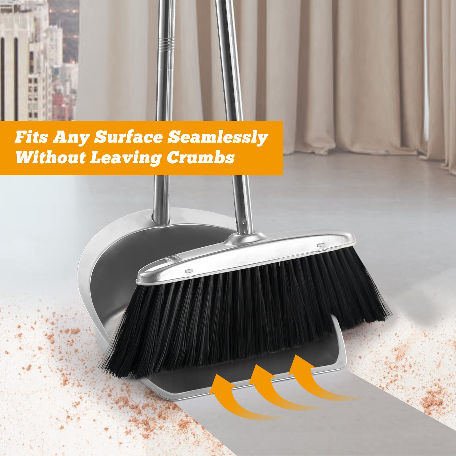 Broom and Dustpan Set for Home, Upright Broom and Dust Pan with Long Handle, Heavy Duty Stainless Steel Dustpan with Broom Combo Set for Sweeping Indoor Outdoor Kitchen Lobby Floor, Black