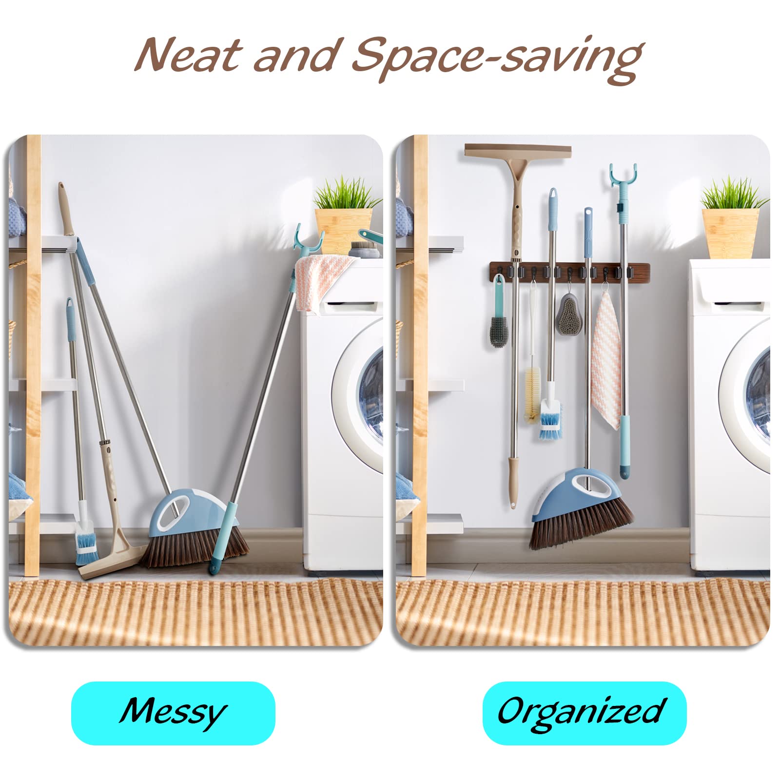 OUTNILI 2 Pack Mop Broom Holder Wall Mount - Rustic Wood Broom Mop Hanger - Wall Mounted Garden Tool Rack Organizer for Closet Garage Laundry Room Farmhouse Kitchen Decor with 4 Slots & 4 Hooks