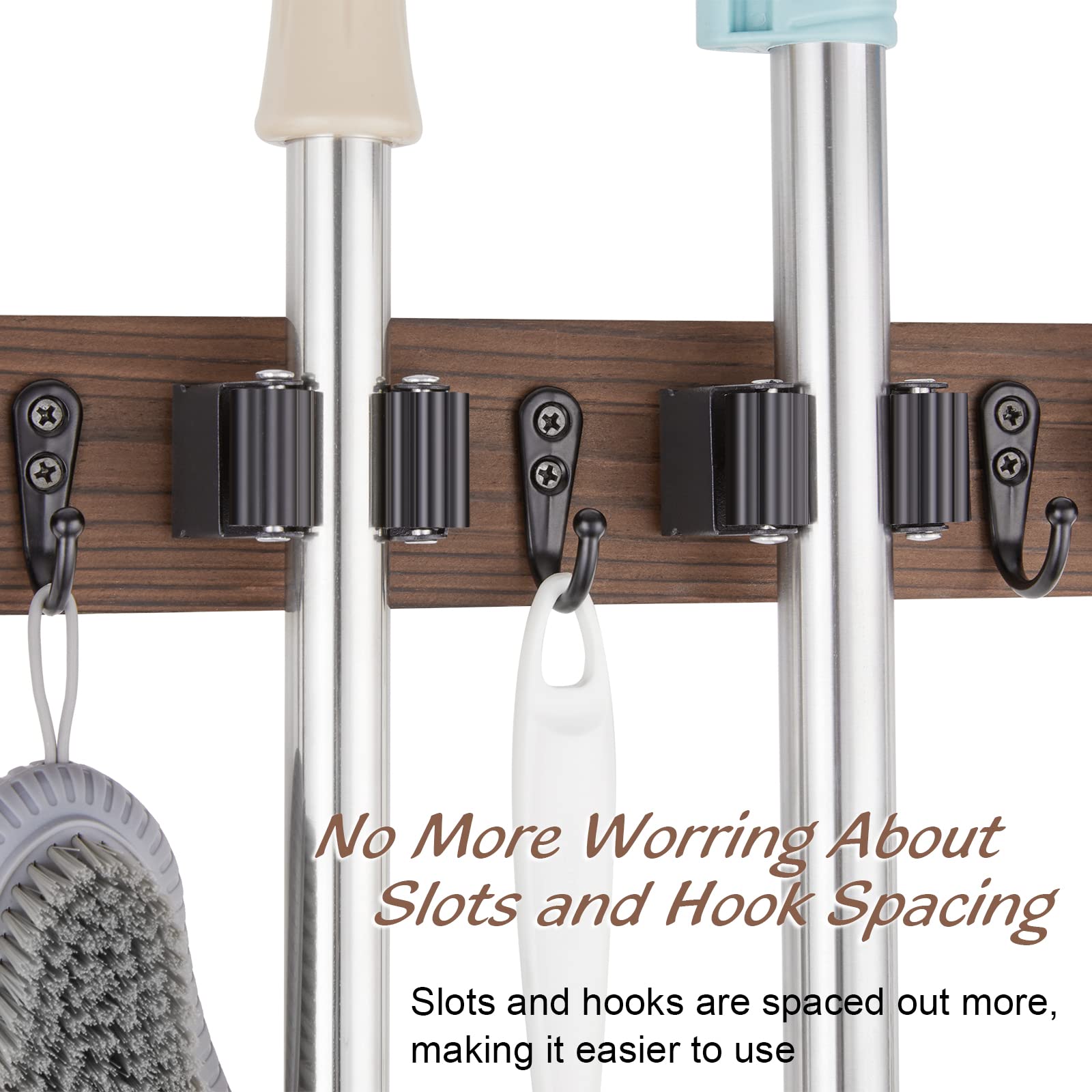 OUTNILI 2 Pack Mop Broom Holder Wall Mount - Rustic Wood Broom Mop Hanger - Wall Mounted Garden Tool Rack Organizer for Closet Garage Laundry Room Farmhouse Kitchen Decor with 4 Slots & 4 Hooks