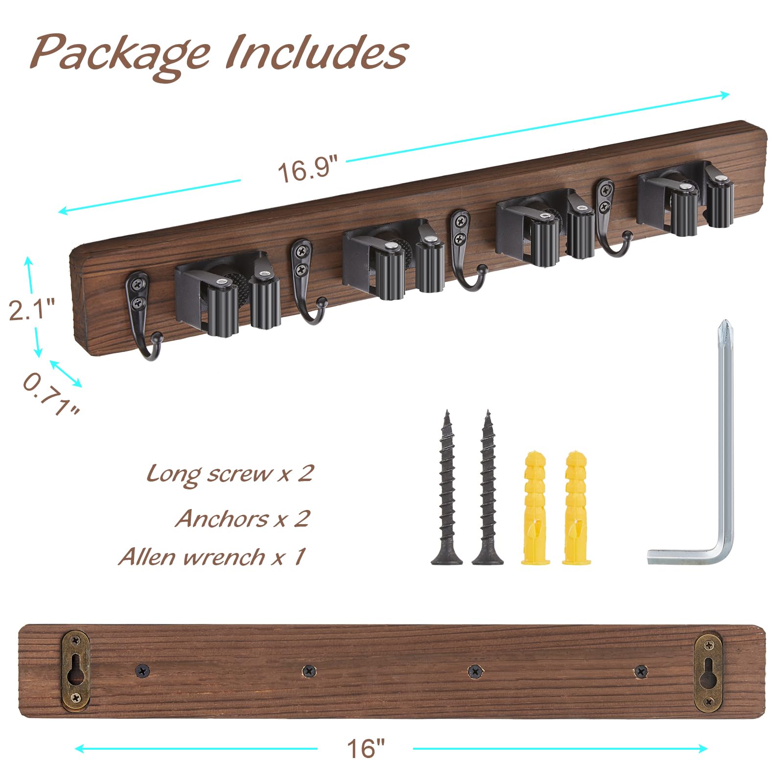 OUTNILI 2 Pack Mop Broom Holder Wall Mount - Rustic Wood Broom Mop Hanger - Wall Mounted Garden Tool Rack Organizer for Closet Garage Laundry Room Farmhouse Kitchen Decor with 4 Slots & 4 Hooks