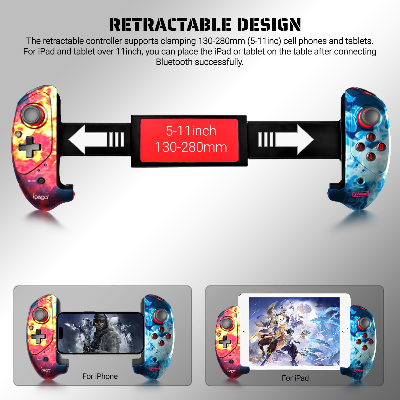 arVin Wireless Gaming Controller for iPad/Mini/Air/Samsung Galaxy Tab/HUAWEI MatePad/Yoga Tab[within 5-11"] Gamepad Joystick for iPhone 15/14/13 Pro Max/Galaxy 23/22/21/PC/Call of Duty Mobile/Genshin