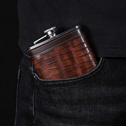 TOX TANEAXON 12 oz Crocodile Leather Pattern Pocket Whiskey Liquor PU Leather Wrapped Flask with Funnel and Premium Box - Stainless steel and Leak Proof