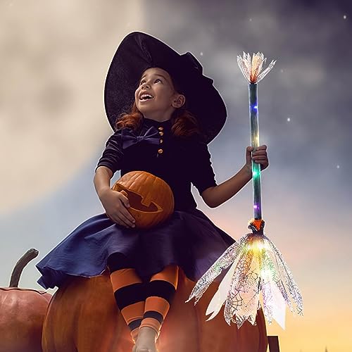 Halloween Witch Broom, 25 in LED Light Decorated Broomstick Witch Sweeper, Kids Cosplay Wicked Broomstick Props (Purple)