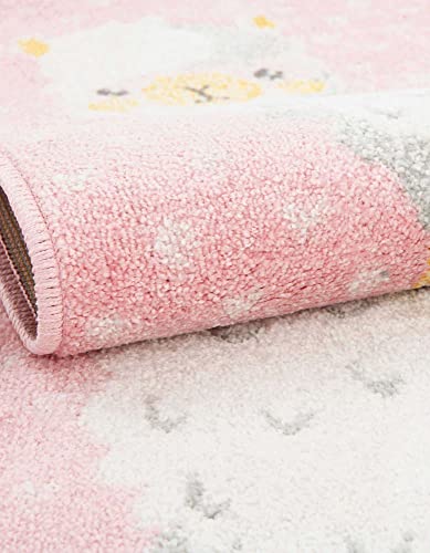 Unique Loom Whimsy Kids Collection Area Rug - Llama (Round 7' 10" x 7' 10", Pink/ Light Blue)
