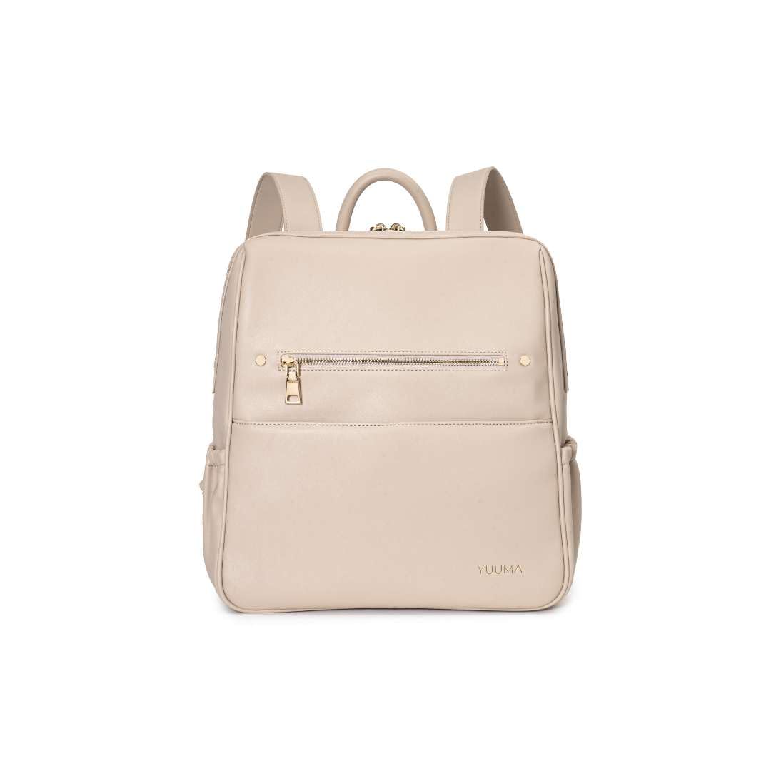 YUUMA Collection Original Diaper Backpack - Vegan Leather Baby Bag - Gold Zipper - Multiple Pockets - Easy Clean Nylon Interior - Many Colors - Modern Diaper Bag (Ivory)