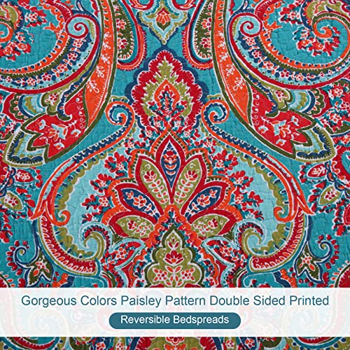 Qucover Quilts Queen Size 3-Piece Paisley Bedspread Quilt Sets, Soft Cotton Microfiber Quilt Bedding Set with 2 Pillowcase, Lightweight Bedspread for Queen Beds, 90x98 Inch