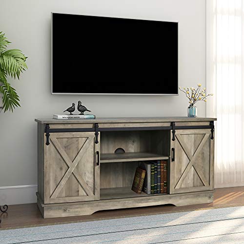 GHQME Sliding Barn Door TV Stand,58 Inch Storage Table,Wood Universal Stand,Living Room Storage Shelves Entertainment Center