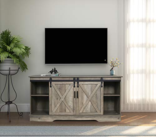 GHQME Sliding Barn Door TV Stand,58 Inch Storage Table,Wood Universal Stand,Living Room Storage Shelves Entertainment Center