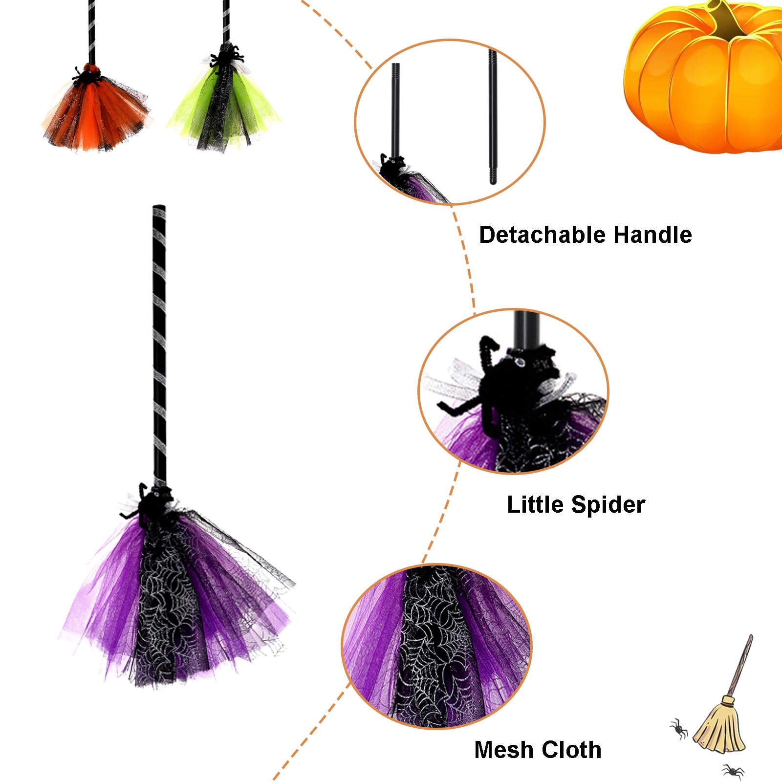 Halloween Witch Broom Plastic Witch Broomstick with Detachable Handle, Halloween Cosplay Costume Props, Halloween Masquerade Dress Up Costume Decoration, Witch Flying Broomstick (Orange)