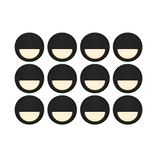 GKOLED 12 Pack Recessed Low Voltage LED Step Riser Light, Φ0.94 Mini Size Halfmoon Landscape Lighting for Outdoor Deck Stair Railing Post, 12V 3000K, Die-cast Aluminum, Black Powder Coated Finish