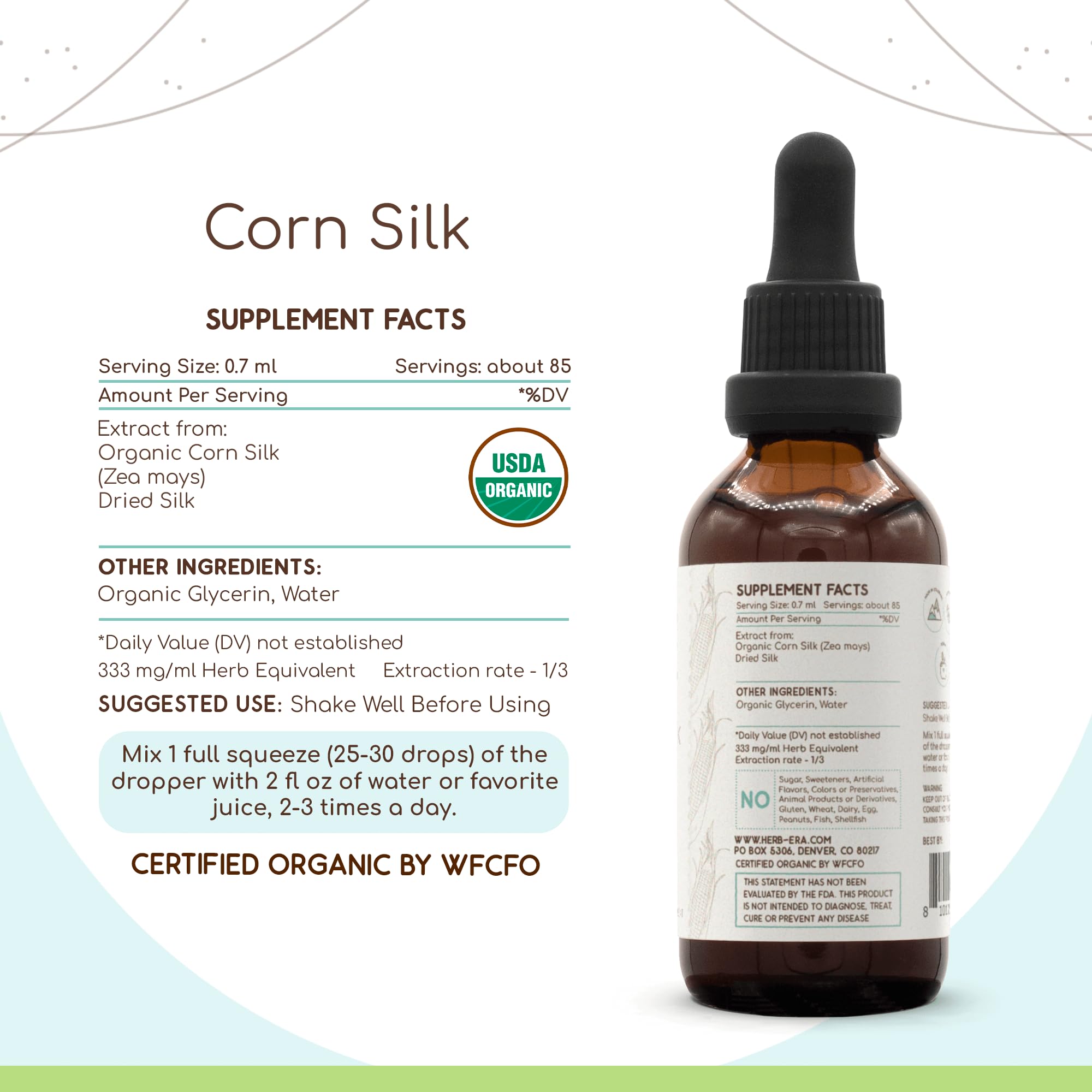 Corn Silk B60 Alcohol-Free Herbal Extract USDA Organic Tincture, Concentrated Liquid Drops Natural Corn Silk (Zea Mays) (2 fl oz)
