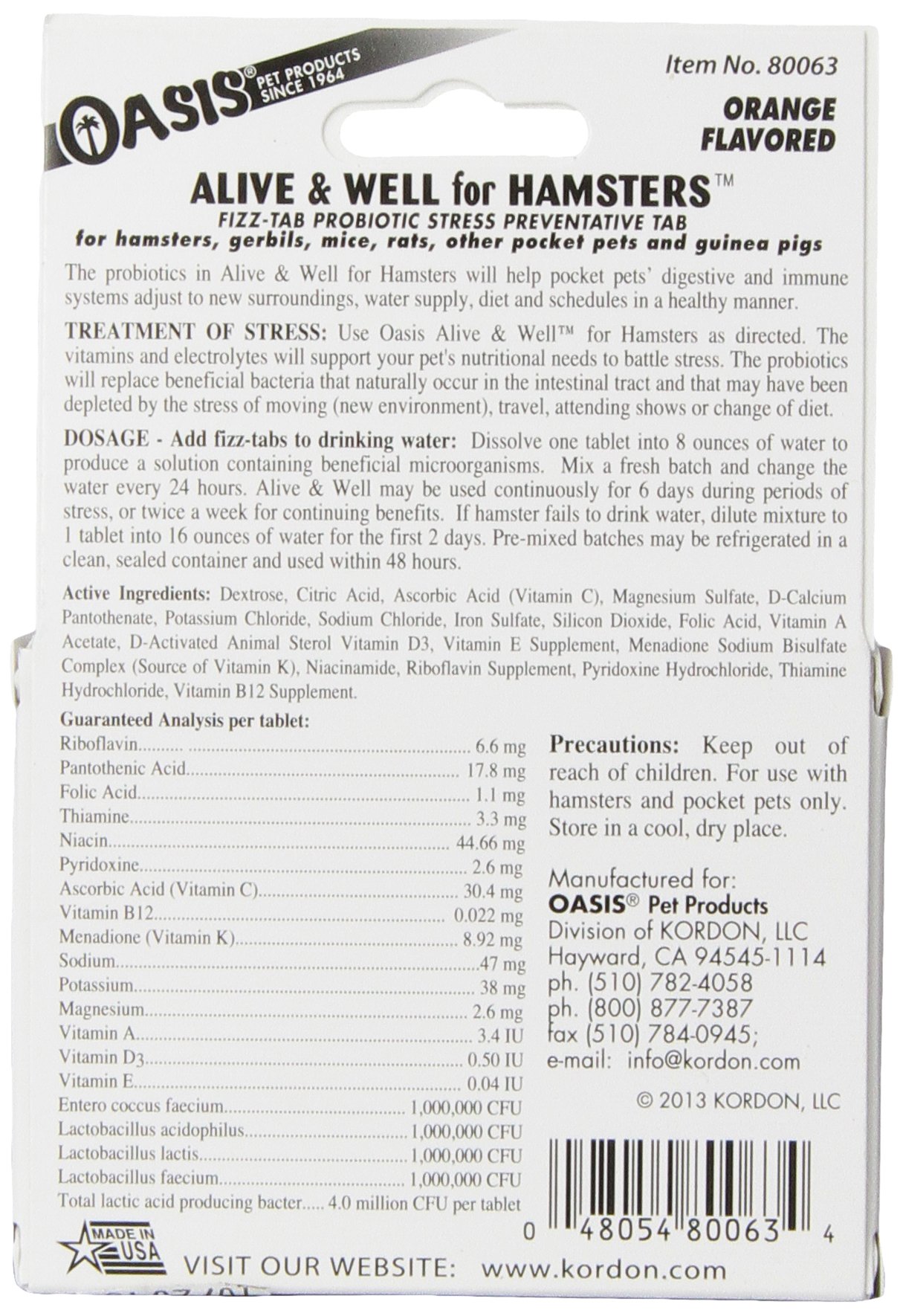 OASIS No 80063 Alive and Well, Stress Preventative and Pro-Biotic Tablets for Pocket Pets