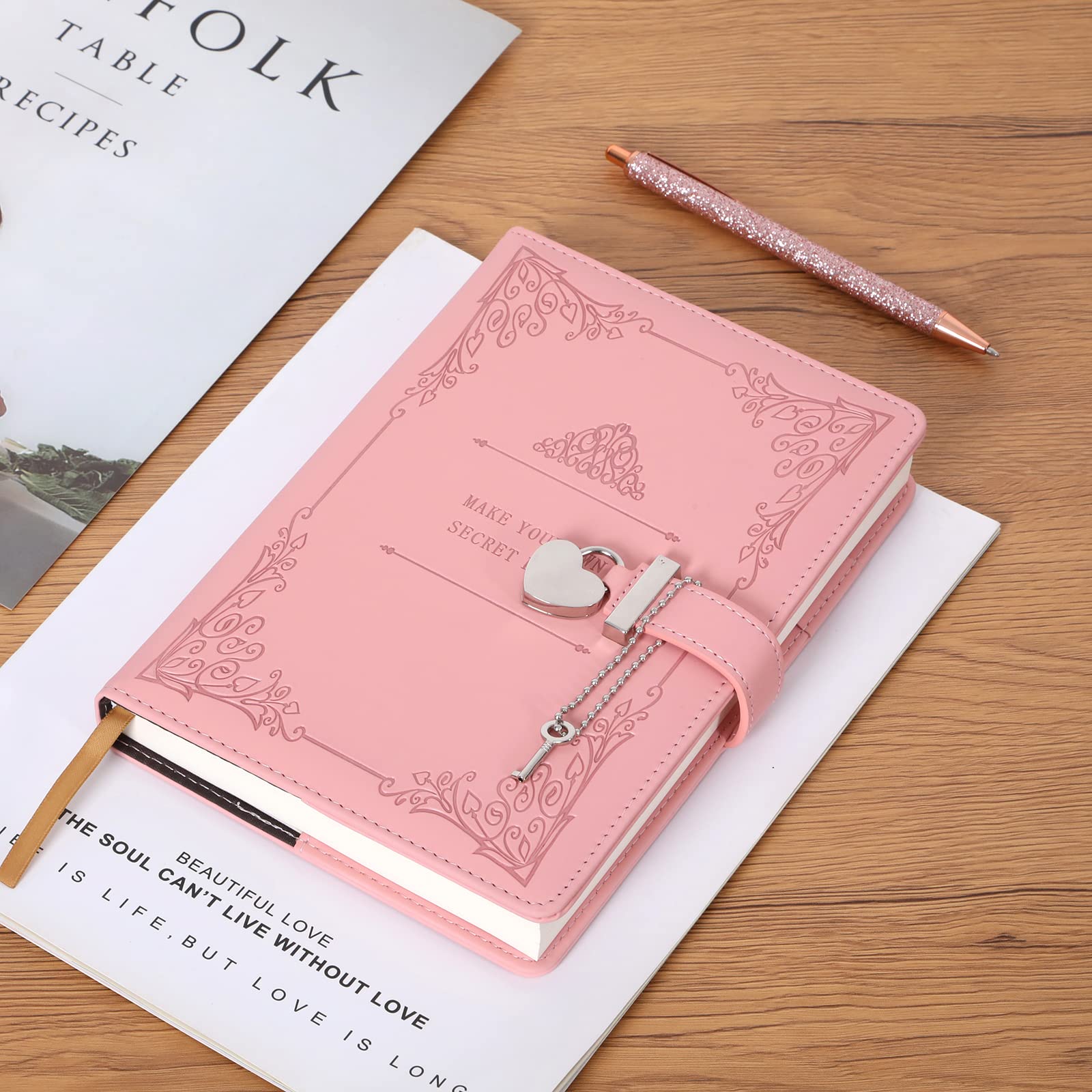 JiaoJiRen Heart-Shaped Lock diary with pen,A5 Size Soft PU Leather Locking Journal Personal Planner Writing Notebook Secret Notebook Gift for Adults,kids,Writers girls&women.(Pink).