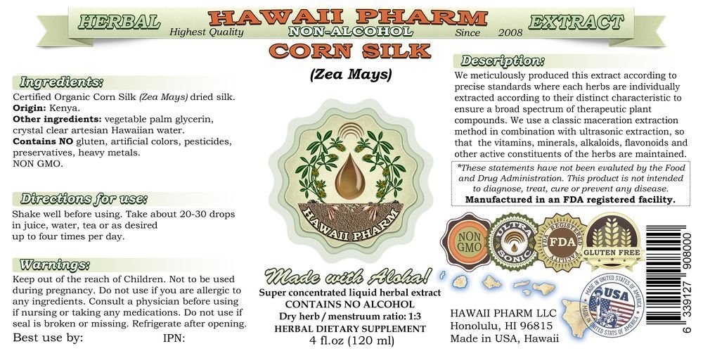 Corn Silk Alcohol-Free Liquid Extract, Organic Corn Silk (Zea Mays) Dried Silk Glycerite Hawaii Pharm Natural Herbal Supplement 2 oz
