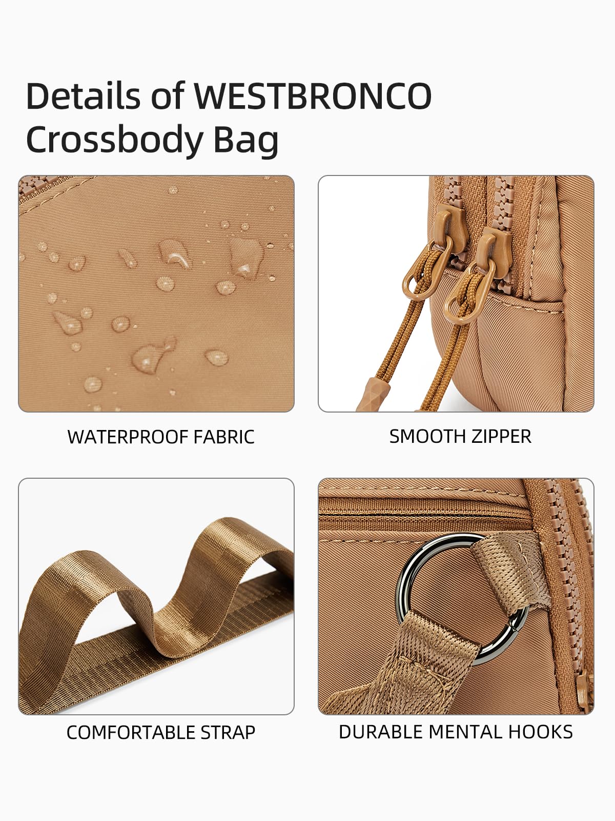 WESTBRONCO Small Crossbody Bags for Women Nylon with Adjustable Strap, Mini Crossbody Purse, Fahion Shoulder Bag for Traveling Workout Brown