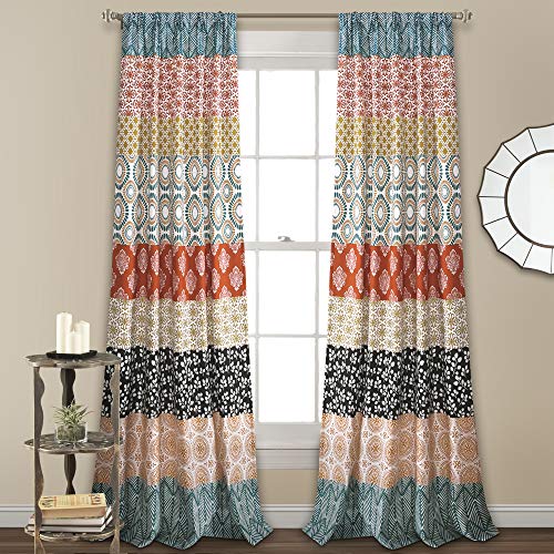 Lush Decor Bohemian Stripe Window Curtain Colorful Bold Design Panel Pair, 52"W x 95"L, Turquoise & Orange