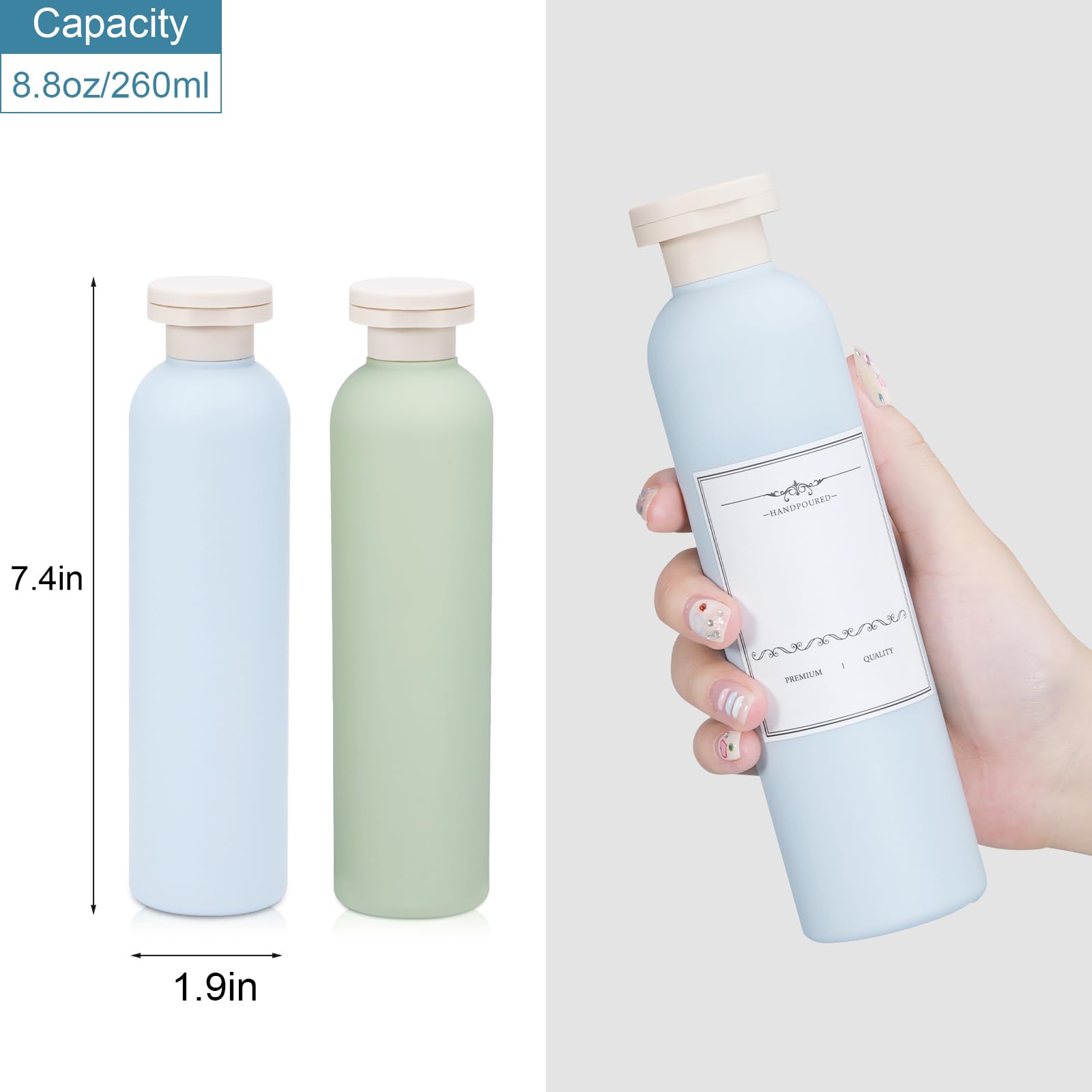 UMETASS 8.8 oz Plastic Travel Shampoo Bottles, Refillable Flip Cap Squeeze Bottles for Toiletries, Large Leakage-proof Travel Shampoo and Conditioner Container (Blue and Green)