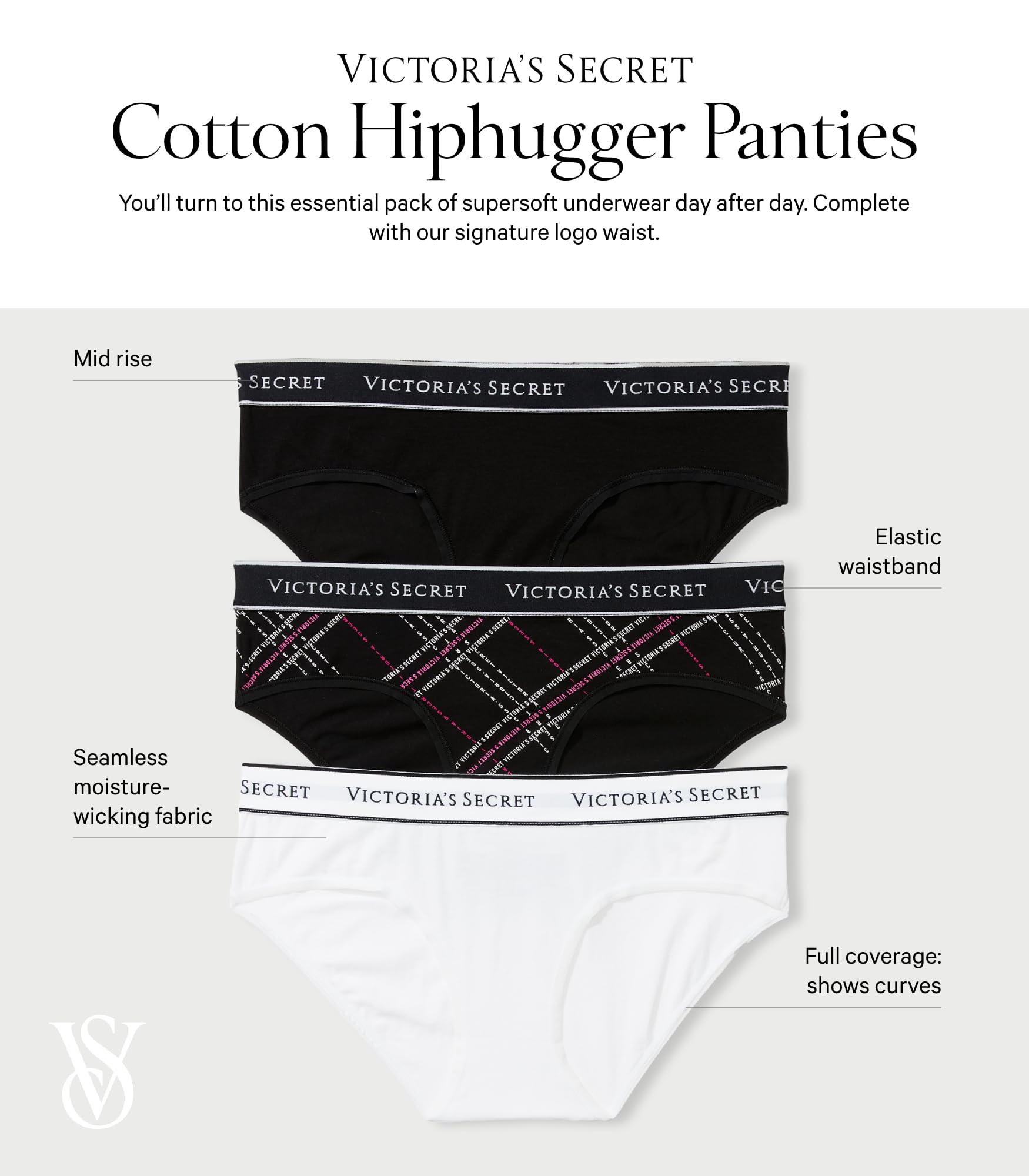 Victoria's Secret Cotton Hiphugger Panty Pack, Logo Banded Waistband, Underwear for Women, 4 Pack, Medium Heather Grey (XL)