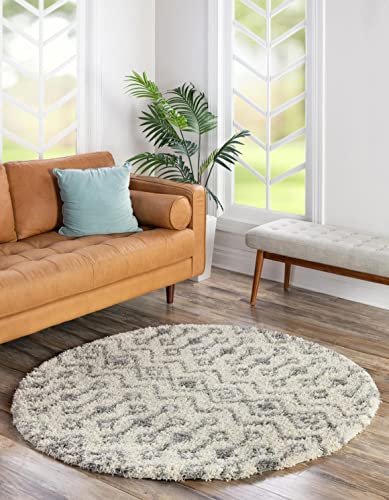 Unique Loom Moroccan Trellis Shag Collection Area Rug - Meknes (10' Round, Ivory/Gray)