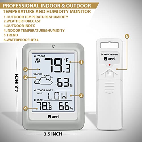 Indoor Outdoor Thermometer Hygrometer Wireless Weather Station, Temperature Humidity Monitor Battery Powered Inside Outside Thermometer with 330ft Range Remote Sensor and Backlight Display