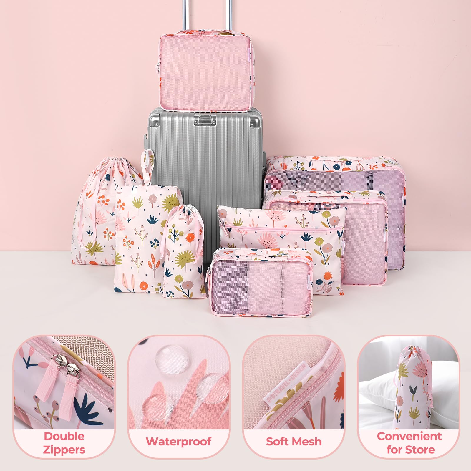 8 Piece Packing Cubes Set, Lychii Travel Luggage Packing Organizers - Floral Printed