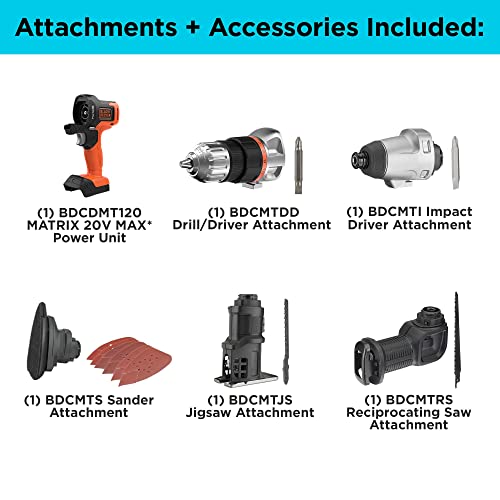 BLACK+DECKER MATRIX 20V MAX Power Tool Kit, Includes Cordless Drill, 8 Attachments and Storage Case (BDCDMT1208KITC1)