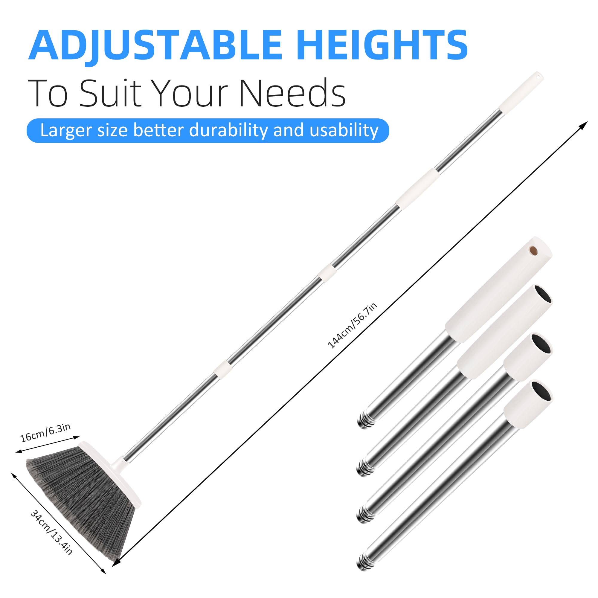 Upgraded Extra-Large Upright Broom 56.7" Length, White Broom Flowering Bristles for Enhanced Indoor and Outdoor Cleaning - Stainless Steel Handle - Cleaning Solution for Home, Kitchen, and Office