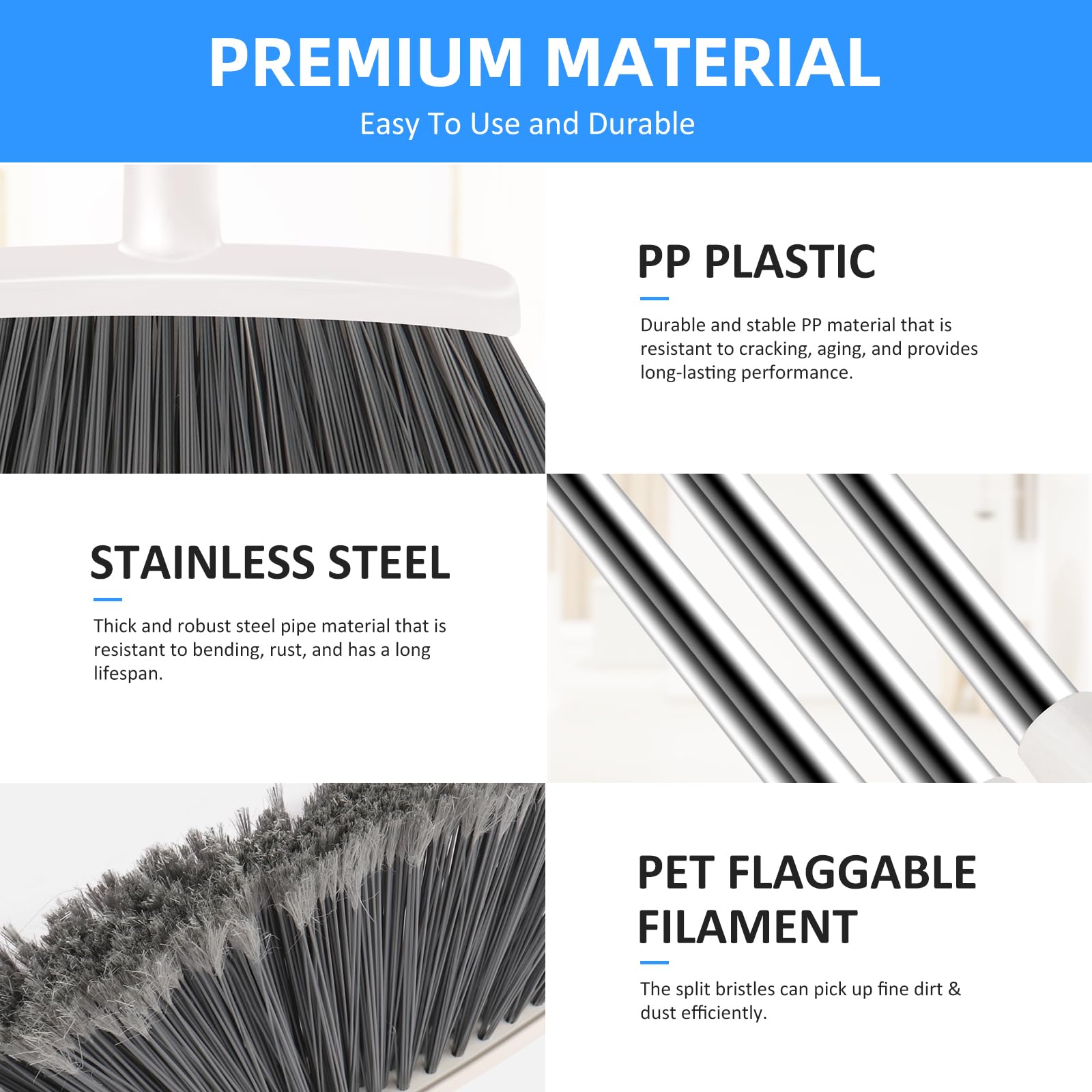 Upgraded Extra-Large Upright Broom 56.7" Length, White Broom Flowering Bristles for Enhanced Indoor and Outdoor Cleaning - Stainless Steel Handle - Cleaning Solution for Home, Kitchen, and Office