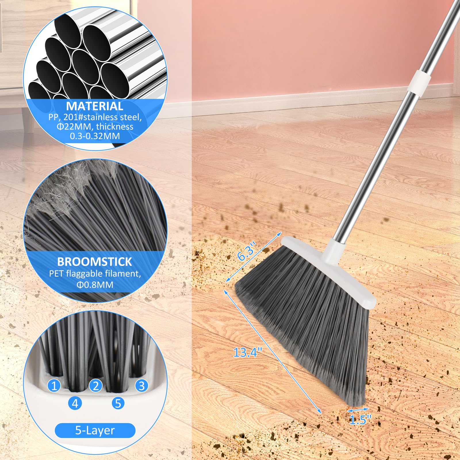 Upgraded Extra-Large Upright Broom 56.7" Length, White Broom Flowering Bristles for Enhanced Indoor and Outdoor Cleaning - Stainless Steel Handle - Cleaning Solution for Home, Kitchen, and Office
