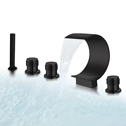 AZOS Waterfall Roman Tub Filler Faucet Deck Mount Widespread Bathroom Bathtub Faucet 5 Hole 3 Handles Black Waterfall Tub Filler Faucet Bathtub Faucet