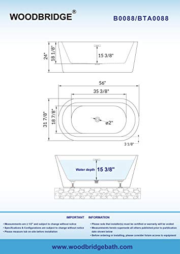 WOODBRIDGE 56" Acrylic Freestanding Bathtub Contemporary Soaking White Tub with Chrome Overflow and Drain,B0088--C--Drain&O
